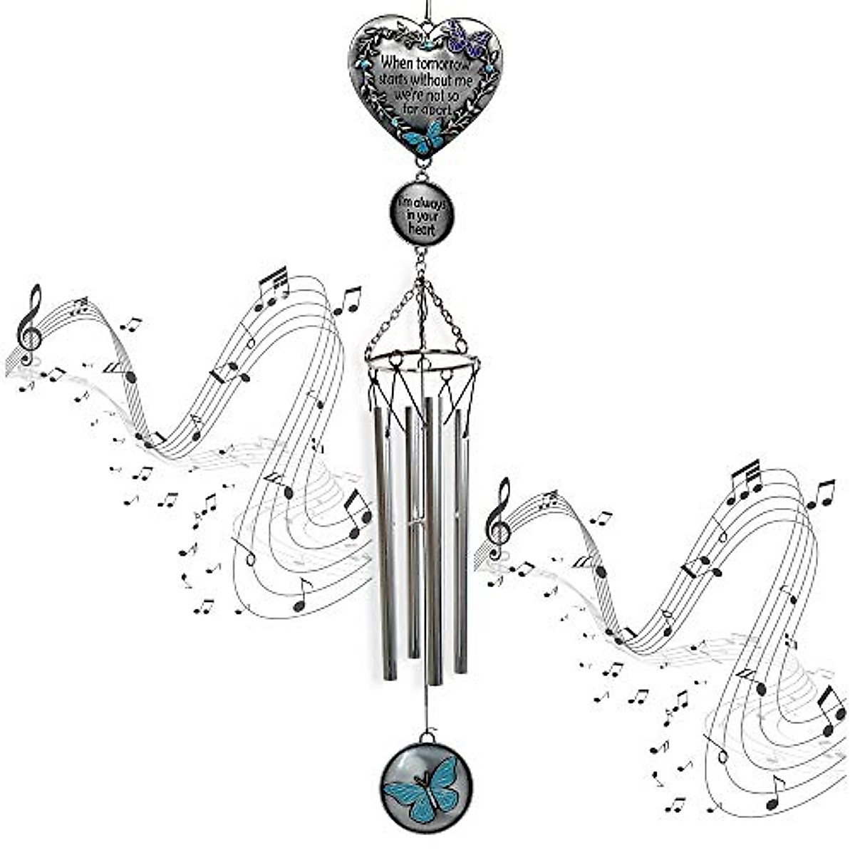 Memorial Windchimes Condolence - When Tomorrow Starts Without Me I'm Always in Your Heart Saying - Heart and Butterfly Design Garden Wind Chime - in Loving Memory Chimes - Sorry for Your Loss Gifts