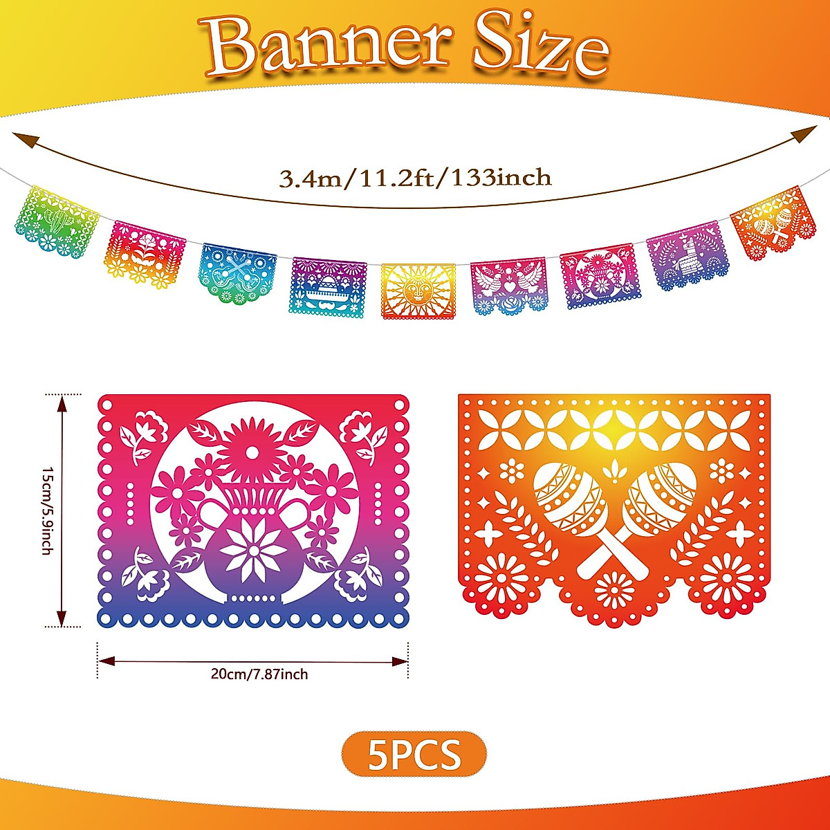 Qpout 5 Packs Mexican Party Banners Iridescent Plastic Papel Picado Banner Cinco de Mayo Decor Fiesta Garland for Dia De Los Muertos Decor,Fiesta Birthday Baby Shower Party Decorations Flags