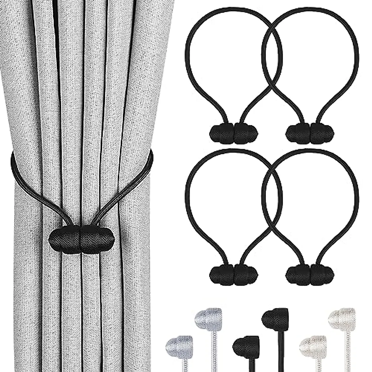 Ohtomber Magnetic Curtain Tiebacks Black 4 Pack, Curtain Tie Backs Holdbacks Holders Hooks Clip Buckles for Curtains Drapes, Curtain Ties for Home Bedroom Office Decorative Curtain