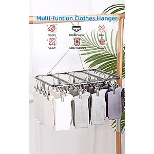 TOWOOZ Clothes Drying Rack with Clips, Stainless Steel Durable Clip and Drip Hanger Windproof Clothes Hanger Rack for Socks/Bras/Underwear/Towels, Portable Laundry Drying Rack (28 Clips, Silver)