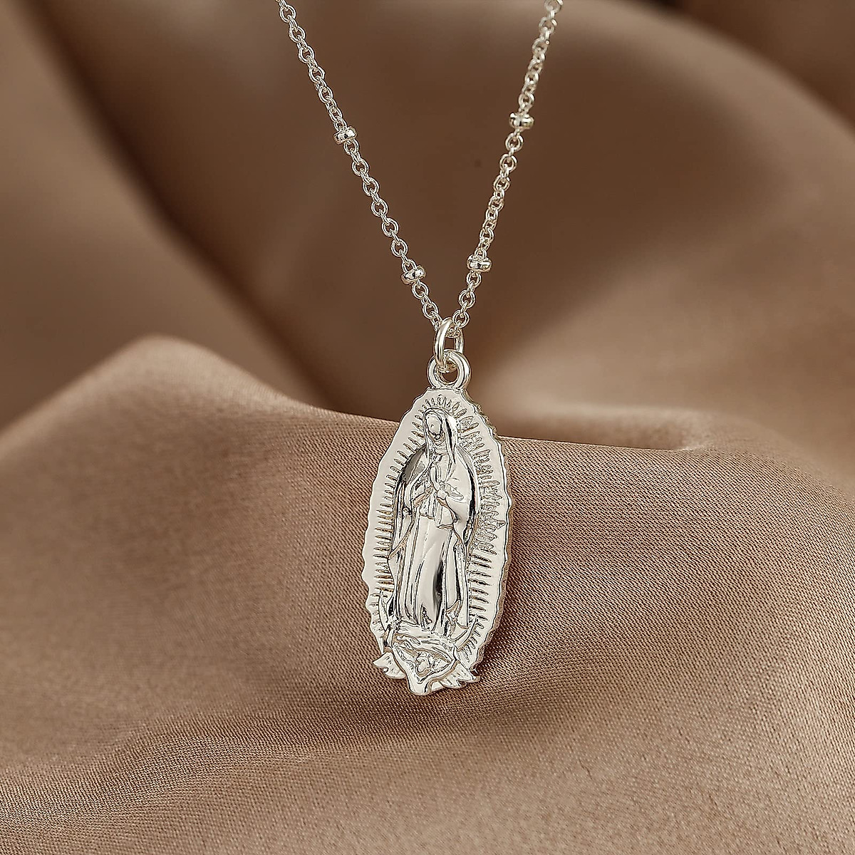 Ascona Our Lady of Guadalupe Mother Virgin Mary Necklace Gold/Silver Pendant Necklace For Women La Virgen mothers day gifts (silver)