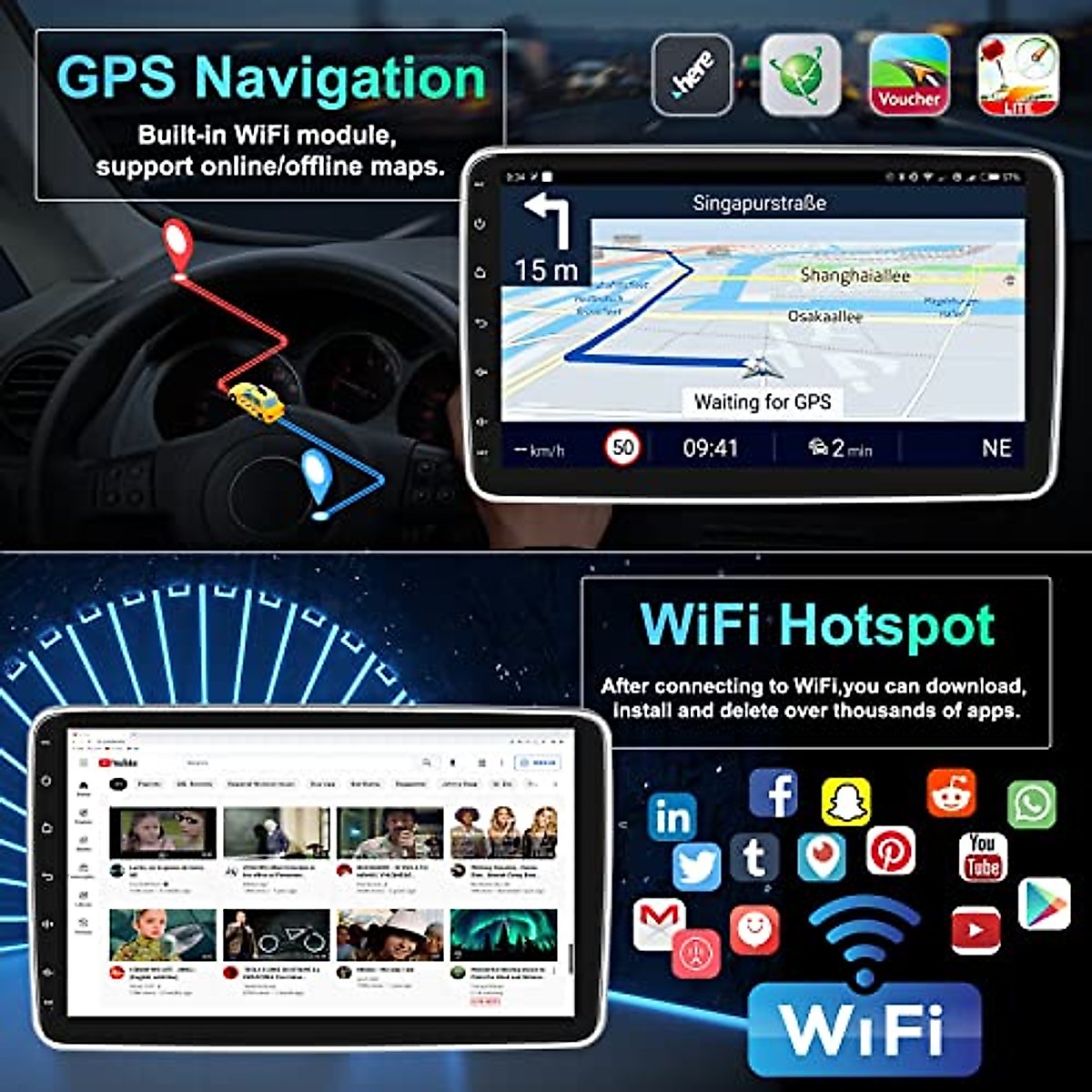 2022 Android 11 Rotating Touch Screen Car Stereo with Apple Carplay Android Auto, 10" Car Radio with Hi-Fi FM/RDS GPS WiFi Double Din Head Unit Support Bluetooth AHD Backup Camera(2+32)