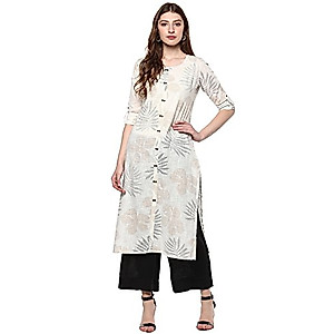 Janasya Indian Women's Tunic Tops Cotton Kurti for Women(JNE2171-KR-437-M) Off-White