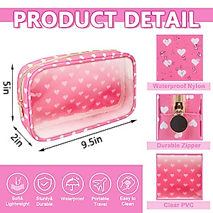 Clear Small Makeup Bag with Zipper, Nylon&PVC Cosmetic Travel Bag Preppy TSA Approved Toiletry Bag for Women Girls, Transparent Waterproof Makeup Pouches Cute Travel Bag for Purse(Small-Pink Heart)