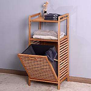 Bamboo Tilt-Out Laundry Hamper Cabinet Free-Standing Ventilated Dirty Clothes Organizer with 2-Tier Storage Shelf & Removable Fabric Bin for Bathroom, Bedroom, Living Room