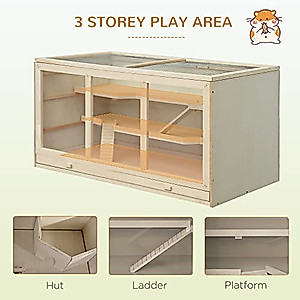PawHut Extra Large Wooden Hamster Cage, Gerbil Cage, and Other Small Animal Habitat, Hamster Habitat with Opening Roof, Hut, Ramps