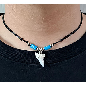 Swimmi Genuine Mako Shark Tooth Necklace for Men Women Boy Girl with Seed Beads and Adjustable Waxed Cord Handmade Jewelry CA268, Blue