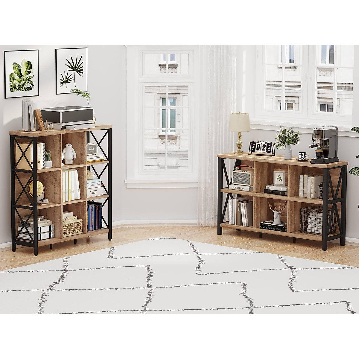 FATORRI 9 Cube Storage Bookshelf, Industrial 4 Shelf Book Shelf, Farmhouse Wood and Metal Cubby Bookcase for Home Office (39.37" W, Rustic Oak)