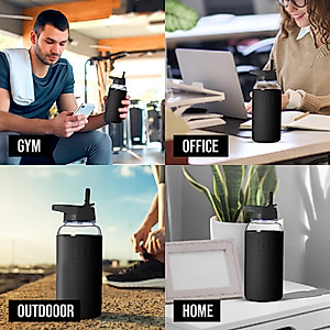 IRON °FLASK Glass Sports Water Bottle - Straw Lid, Airtight Leak Proof, Vacuum Insulated, Bosilicate Glass, Silicone Sleeve, Retains Temperature - Midnight Black, 32 Oz