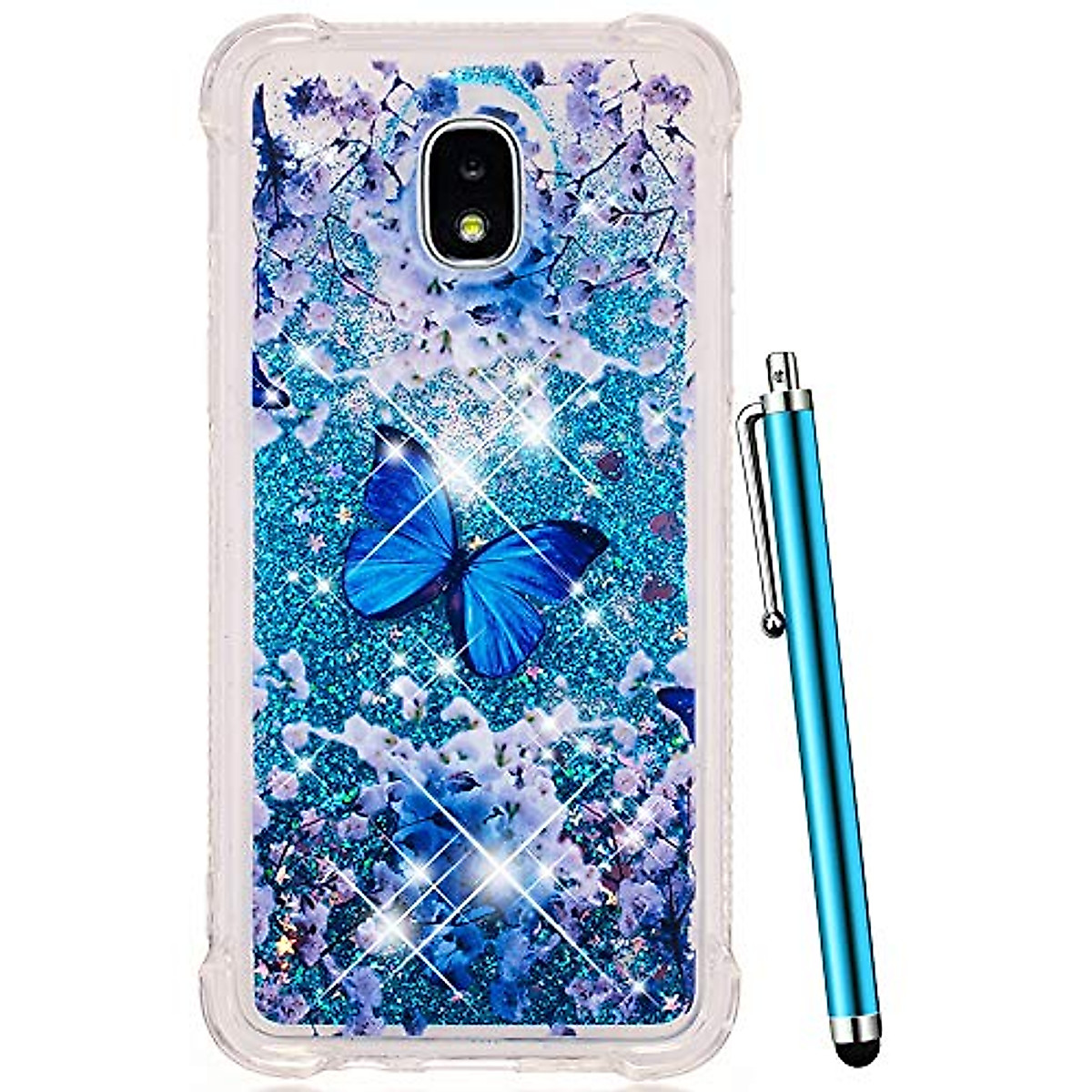 CAIYUNL for Galaxy J7 Refine Case,J7 2018,Samsung J7 Top,J7 Crown,J7 Aero,J7 Aura,J7 Eon,J7 Star Glitter Sparkle Liquid Bling Quicksand Clear TPU Cover Luxury Cute Women Men Shockproof -Blue Butterfly