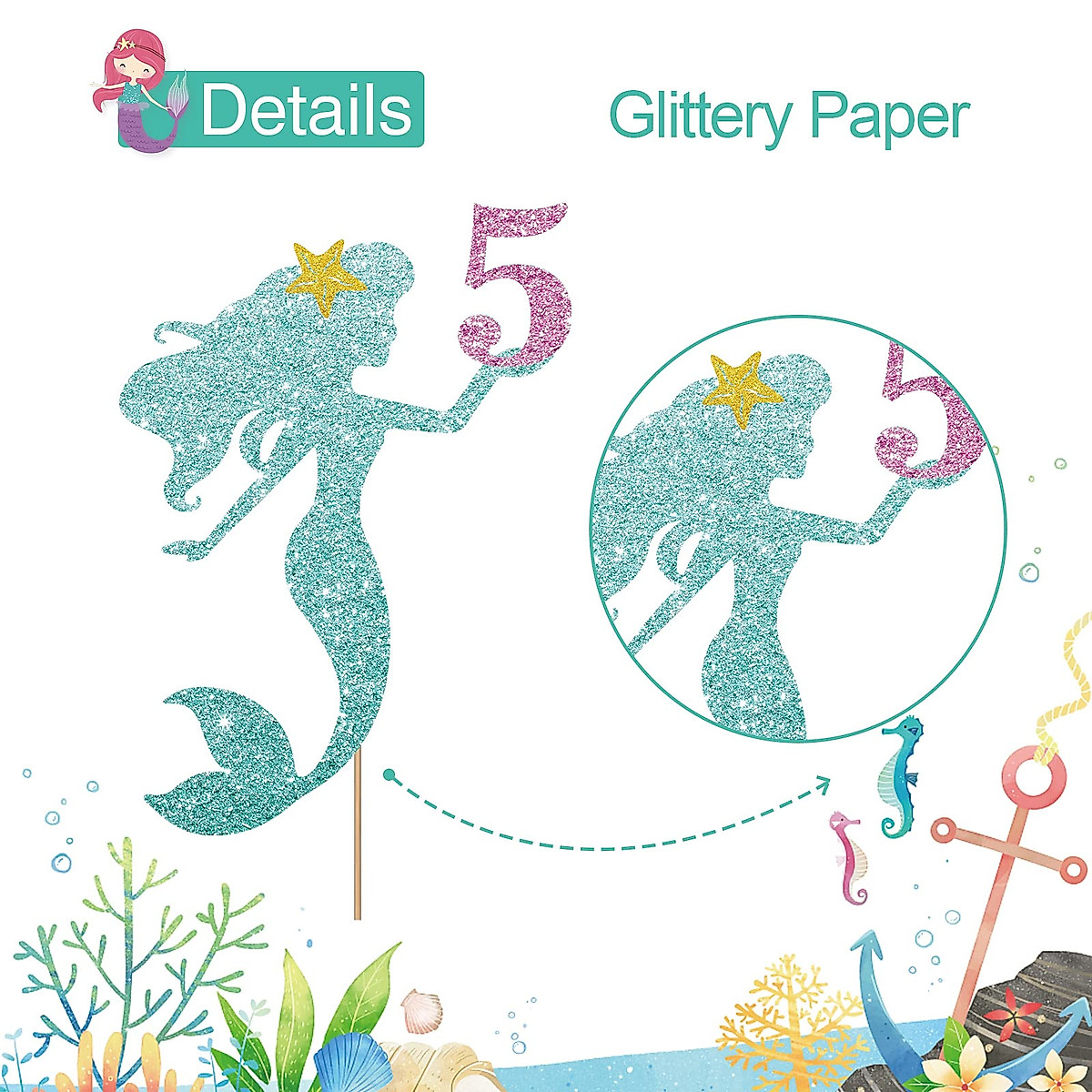 Mermaid 5 Cake Topper, Happy 5th Birthday Cake Decor for Baby Girl, Little Mermaid Birthday Party Decoration, Under the Sea Themed Party Supplies - Blue Glitter