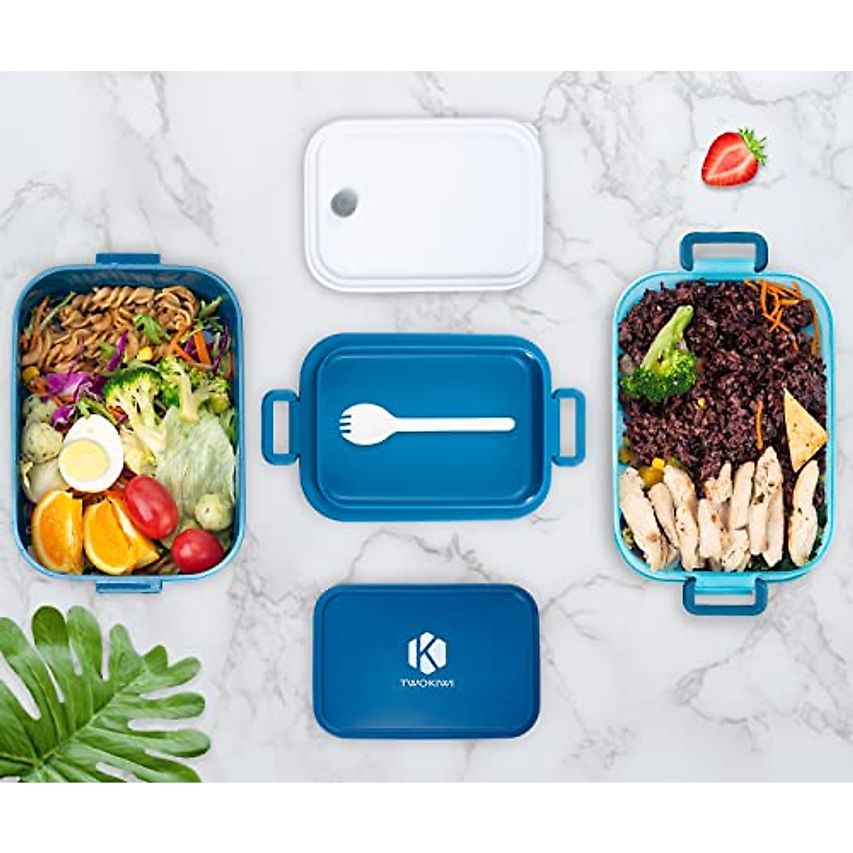 TWOKIWI Bento Box Adult Lunch Box – Lunch Containers for Adults – 7 Cup Bento Lunch Box with 3 Compartments & Fork, Microwave,Dishwasher & Freezer Safe (Ocean Blue)