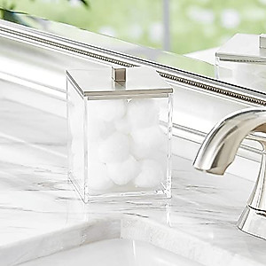 mDesign Modern Square Bathroom Vanity Countertop Storage Organizer Canister Jar for Cotton Swabs, Rounds, Balls, Makeup Sponges, Bath Salts - Clear/Brushed/Chrome