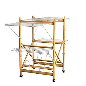 tonchean Collapsible Drying Racks for Laundry with Wheels, Heavy Duty Commercial Foldable Laundry Drying Rack Wooden Clothes Drying Rack Free Standingwith Adjustable Iron Wings