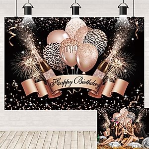 Happy Birthday Backdrop Rose Gold Balloon Glitter Sparkle Spots Champagne Photography Background for Women Girls Party Decoration Banner Photo Booth Props