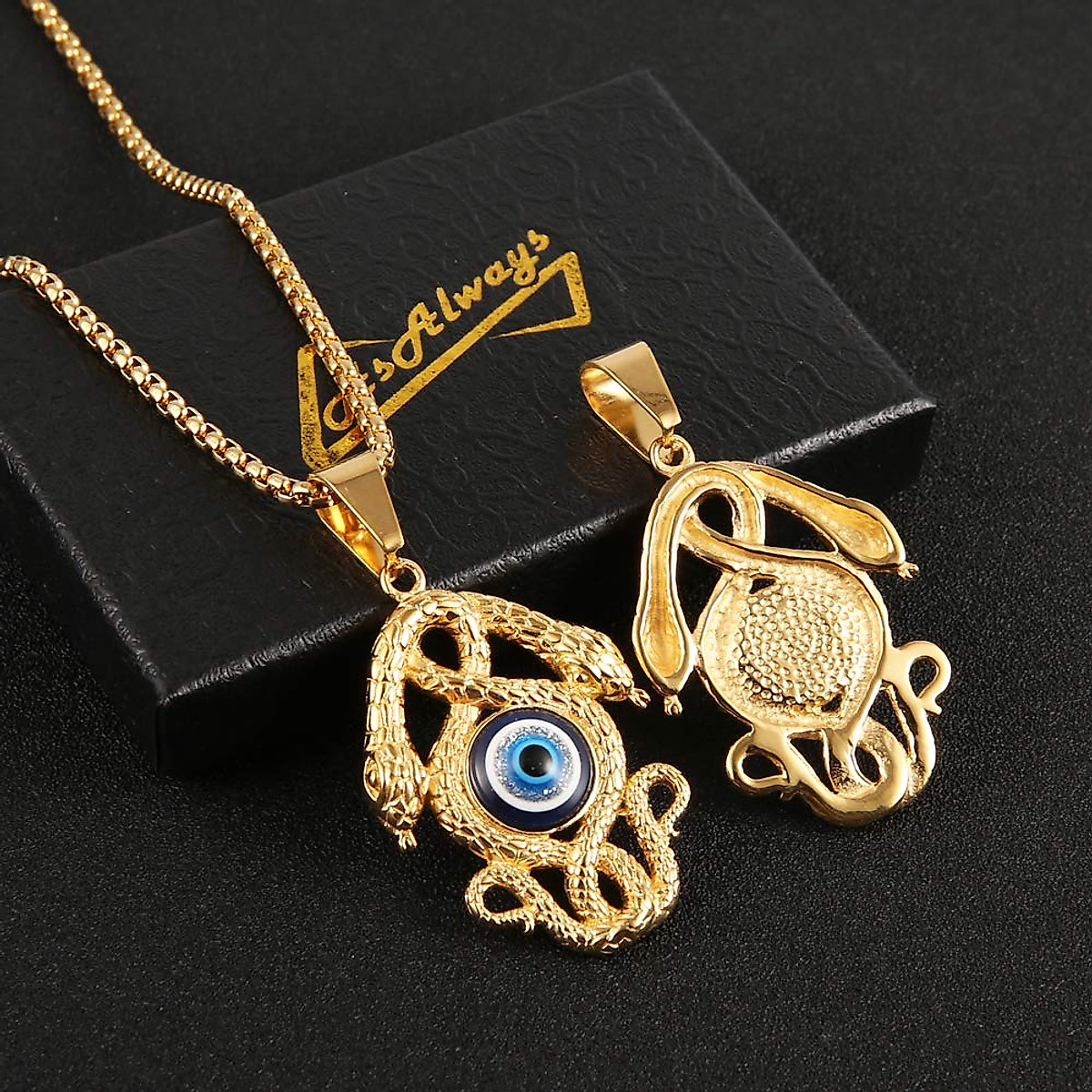 AsAlways Gold-plated Stainless Steel Snake pendant Ancient Egyptian Symbol of Protection Evil Eyes (Double-headed snake)