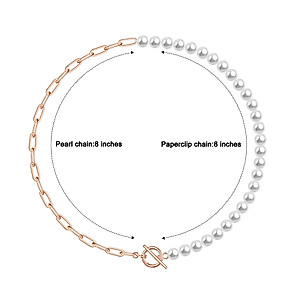 MJartoria Pearl Choker Necklace, 14K Gold Plated Paperclip Chain Necklace for Women, Toggle Clasp, Dainty Half Pearl Half Chain Necklace Trendy Jewelry Birthday Gifts