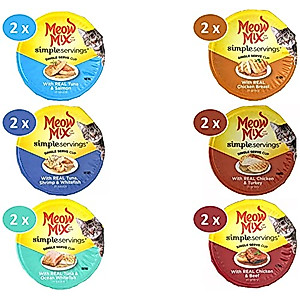 ILC Buy Meow Mix Simple Servings Variety Bundle| 6 Flavors,(2) Each: Chicken Turkey, Tuna Whitefish, Chicken Beef, Tuna Salmon, Chicken Breast, Tuna Shrimp (1.3 OZ) Plus Foam cat Toy Ball Magnet.