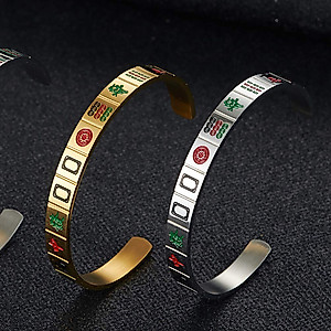 INRENG Men's Women's Stainless Steel Creative Mahjong Cuff Bangle Bracelet Lucky Mah Jong Mah-Jongg Personalized Jewelry, SSY Gold