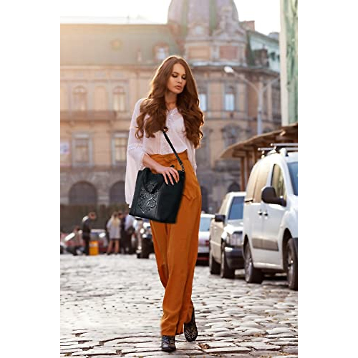 Tote Bags for Women Leather Shoulder Hand Bags Tote Handle Medium Satchel Vintage Embossing Rose (Blue)