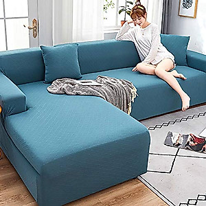 IMYOGI High Stretch Sofa Covers Stretch Sofa Cover for 5 Seater Elastic Polyester Spandex Couch Covers - Fitted Sofa Slipcover Furniture Protector-3 Seater+4 Seater-Lake Blue