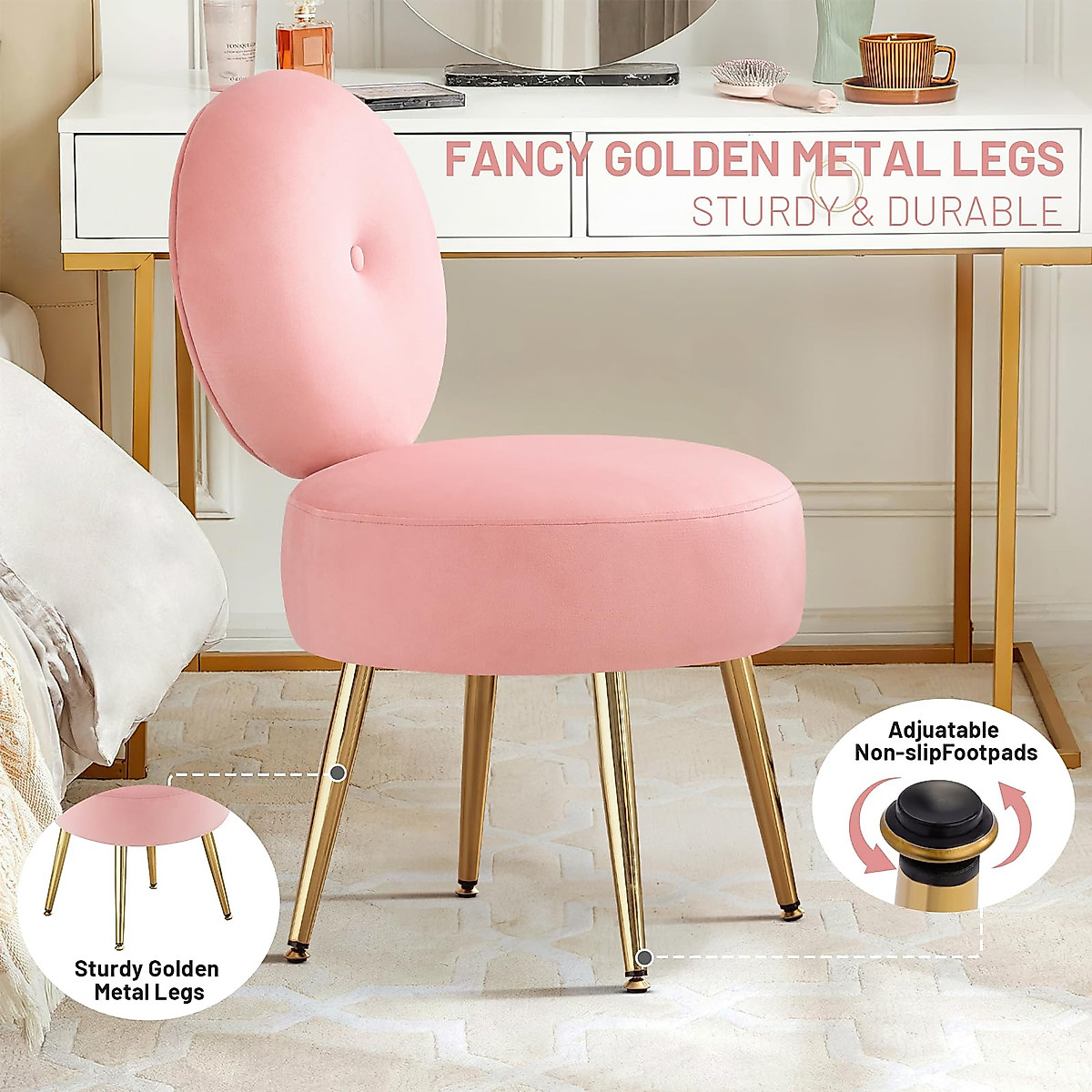 Furniliving Velvet Vanity Stool Vanity Chair with Back Makeup Chair for Vanity with Metal Legs, Mid Century Living Room Chair, Modern Chair for Dressing Room, Bedroom(Pink)