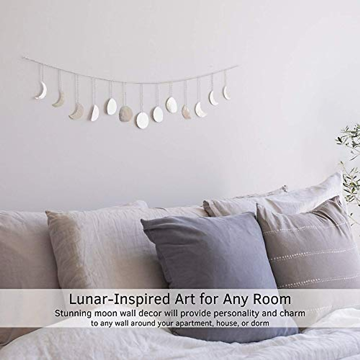 Moon Phase Wall Hanging, Handmade Hammered Silver Metal 13 Moons 36" Garland, Phases of the Moon Decorations, Celestial Lunar Art, Silver Garland Boho Decor for Bedroom Home Dorm Living Room Girl Gift