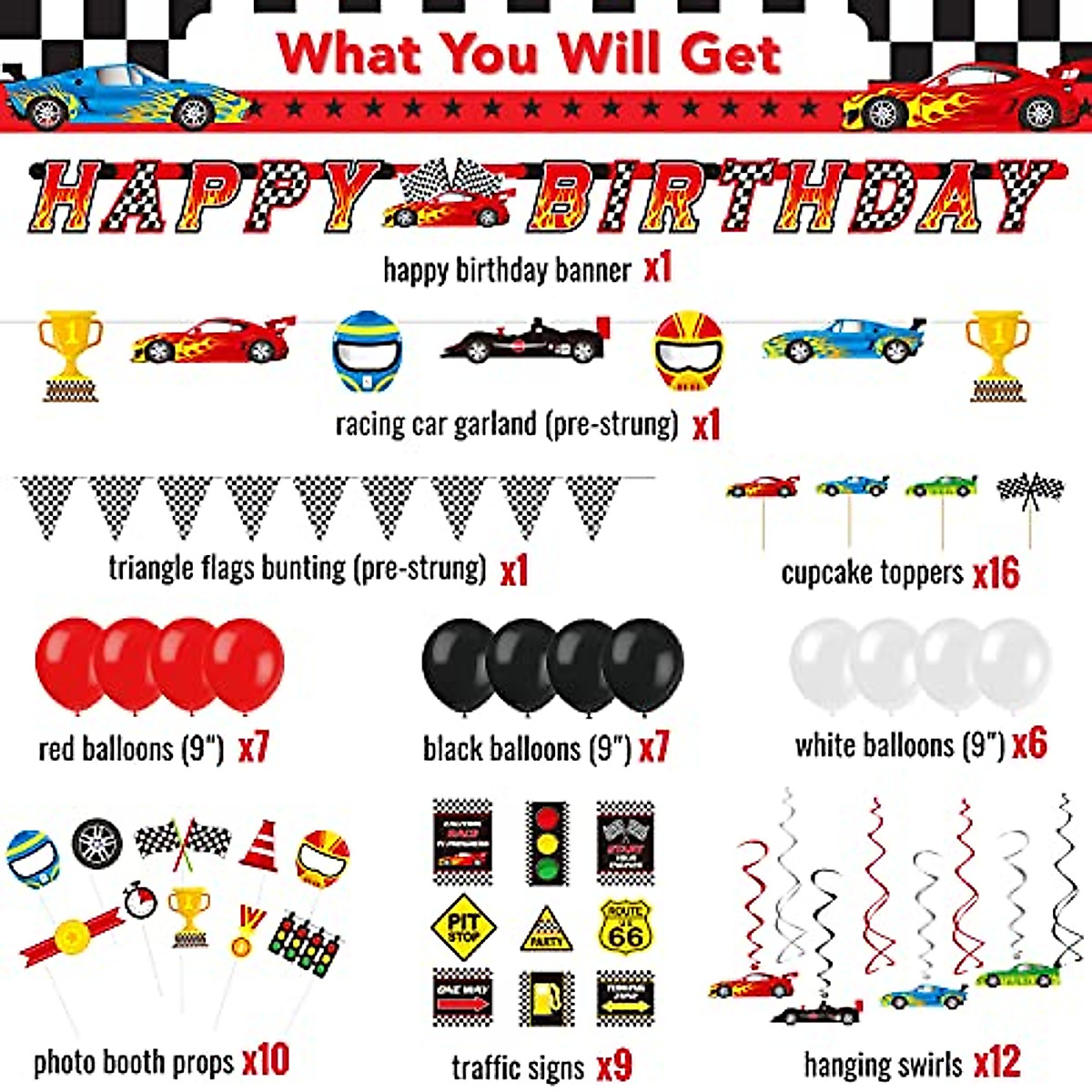 DECORLIFE Race Car Birthday Party Decorations, Car Theme Party Supplies Includes Checkered Flag Banner, Balloons, Hanging Swirls, Photo Booth Props, Traffic Signs, Racing Car Garland, Total 70PCS