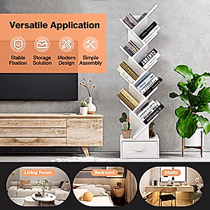Tangkula 10 Tier Tree Bookshelf with Drawer, Floor Standing Storage Rack for CDs, Movies & Books, Display Utility Shelves for Bedroom, Living Room & Home Office (White, 10 Tier)