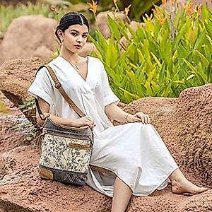 Myra Bag Milestone Shoulder Bag Upcycled Canvas, Rug, Leather & Cowhide S-2638