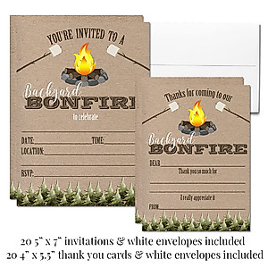 Backyard Bonfire Birthday Party Bundle Includes 20 each of Invitations & Thank You Cards with Envelopes + 2 Different Sizes of Stickers, Mini Candy Bar Wrappers, & Water Bottle Labels!