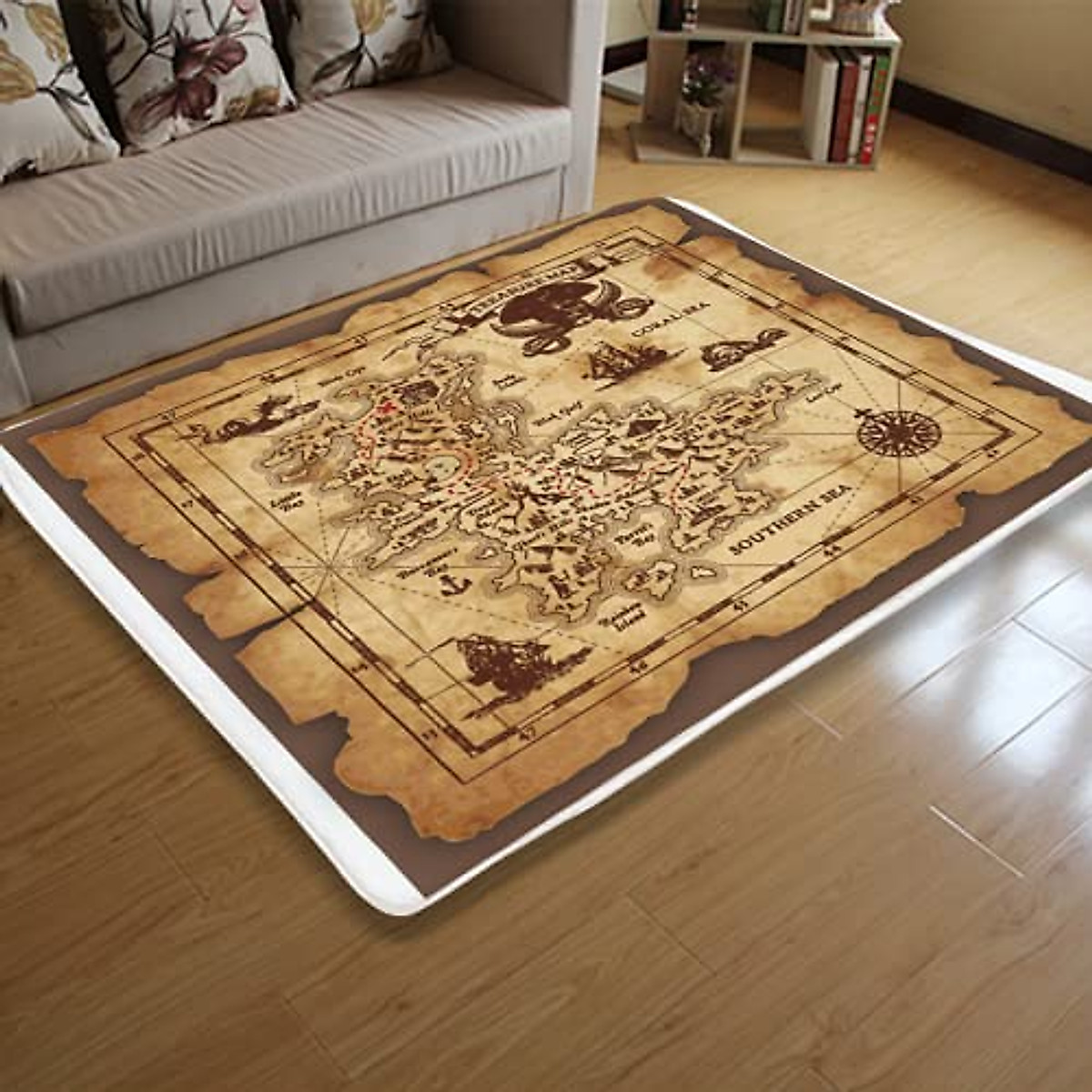 XYHH Area Rug Super Detailed Treasure Map Grungy Rustic Pirates Gold Secret Sea History Theme for Living Room Dining Bedroom playroom Parent-Child Game mat Study Office Decor LTH, White 2, 39x60in