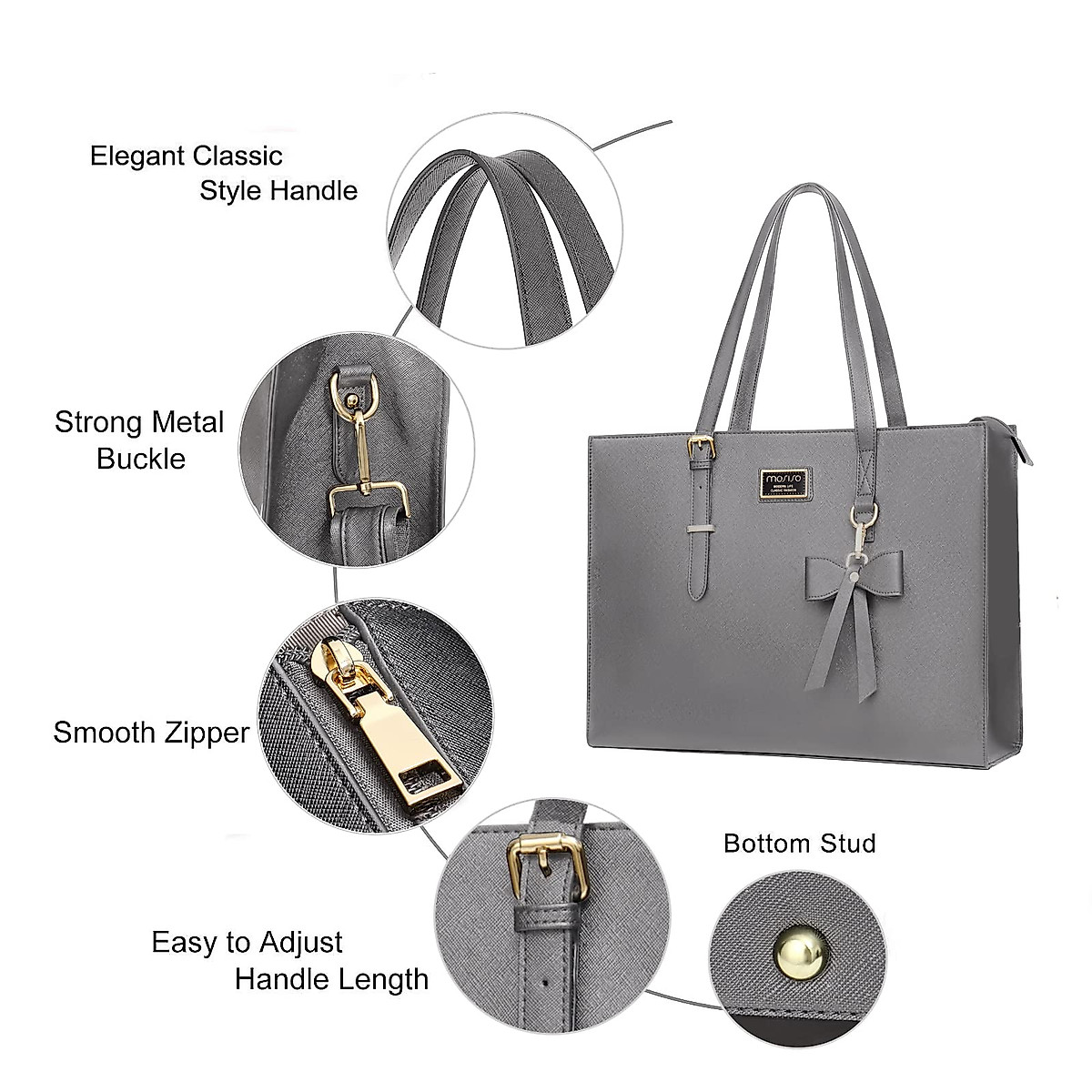 MOSISO Laptop Bag for Women Compatible with MacBook Air 15 inch M2 A2941/Pro 16 inch M3 M2 M1, 15-15.6 inch Notebook, PU Leather Travel Work Tote bag with Detachable Bowknot & Small Purse, Gray