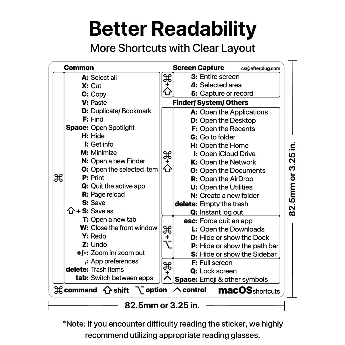 Mac OS Shortcuts Sticker 2024, Afterplug Keyboard Command Vinyl Sticker, Only for Space Gray, Silver & Starlight MacBook Pro Air, No Residue (Clear with Black Letters, 1-Pack)