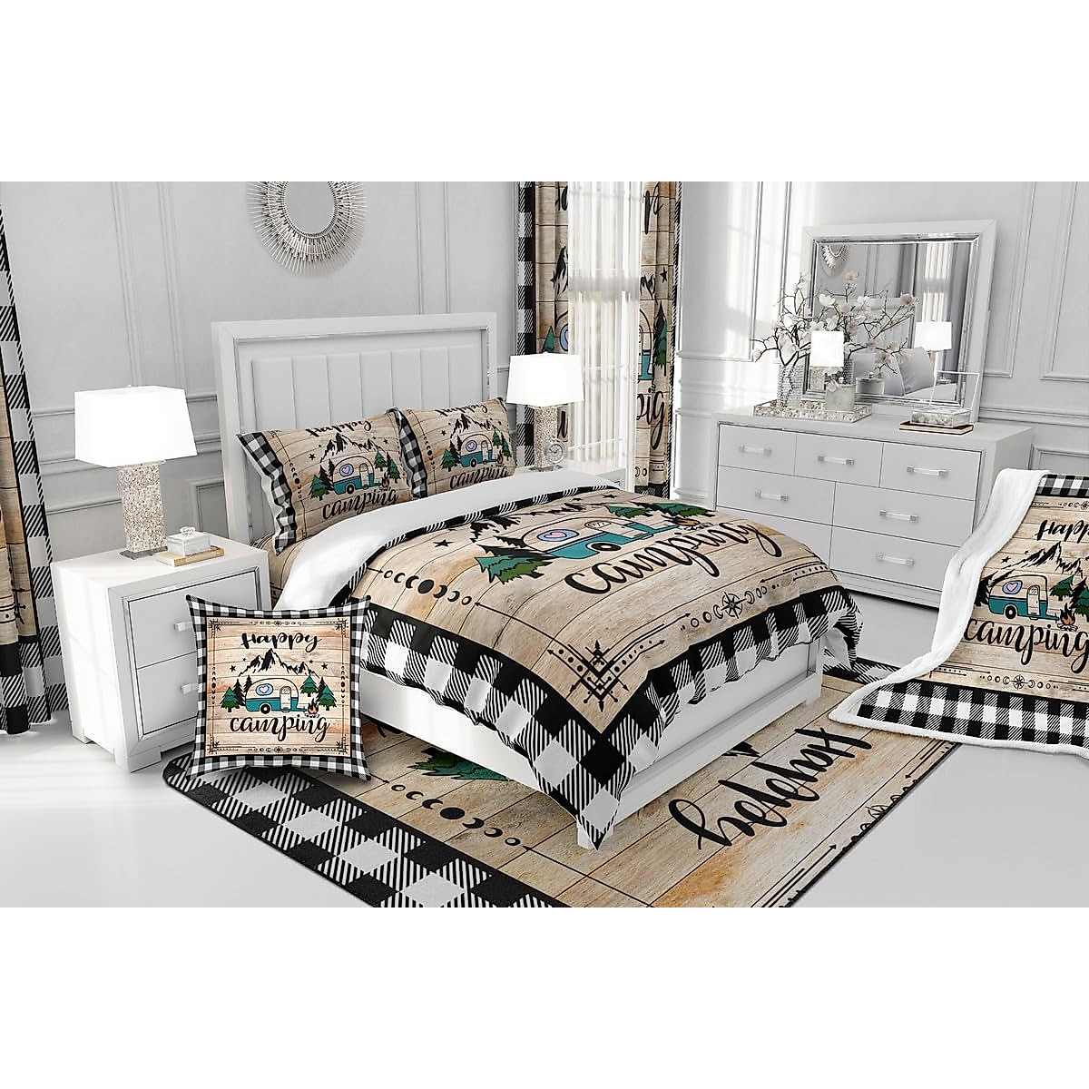 Camp Travel Car Duvet Cover Balck and White Buffalo Plaid Queen Bedding Sets for Girls, Camping Decor for Camper Comforter Cover, Vintage Brown Barn Door Plank Cottage Cabin Farmhouse Decor