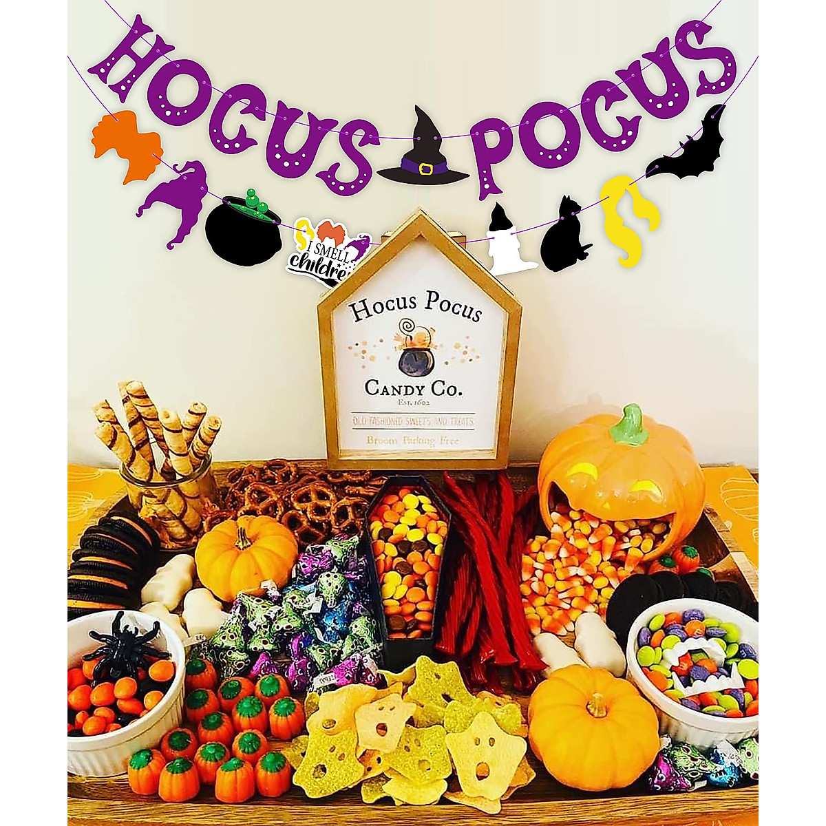 Joy Bang Halloween Hocus Pocus Decoration, Hocus Pocus Theme Banner Spell Book Cat Witch Hats, Witches Stisters Banner Wall Decor for Home Classroom Office, Party Supplies for Kids Adults
