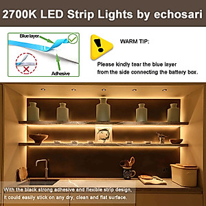 echosari Battery Powered Led Strip Lights with Remote Warm White, 8 Modes, Dimmable, Timer, Self-Adhesive, Cuttable, Waterproof, 9.8FT 90Led Strip Lights for TV Kitchen Cupboard Bedroom Decor