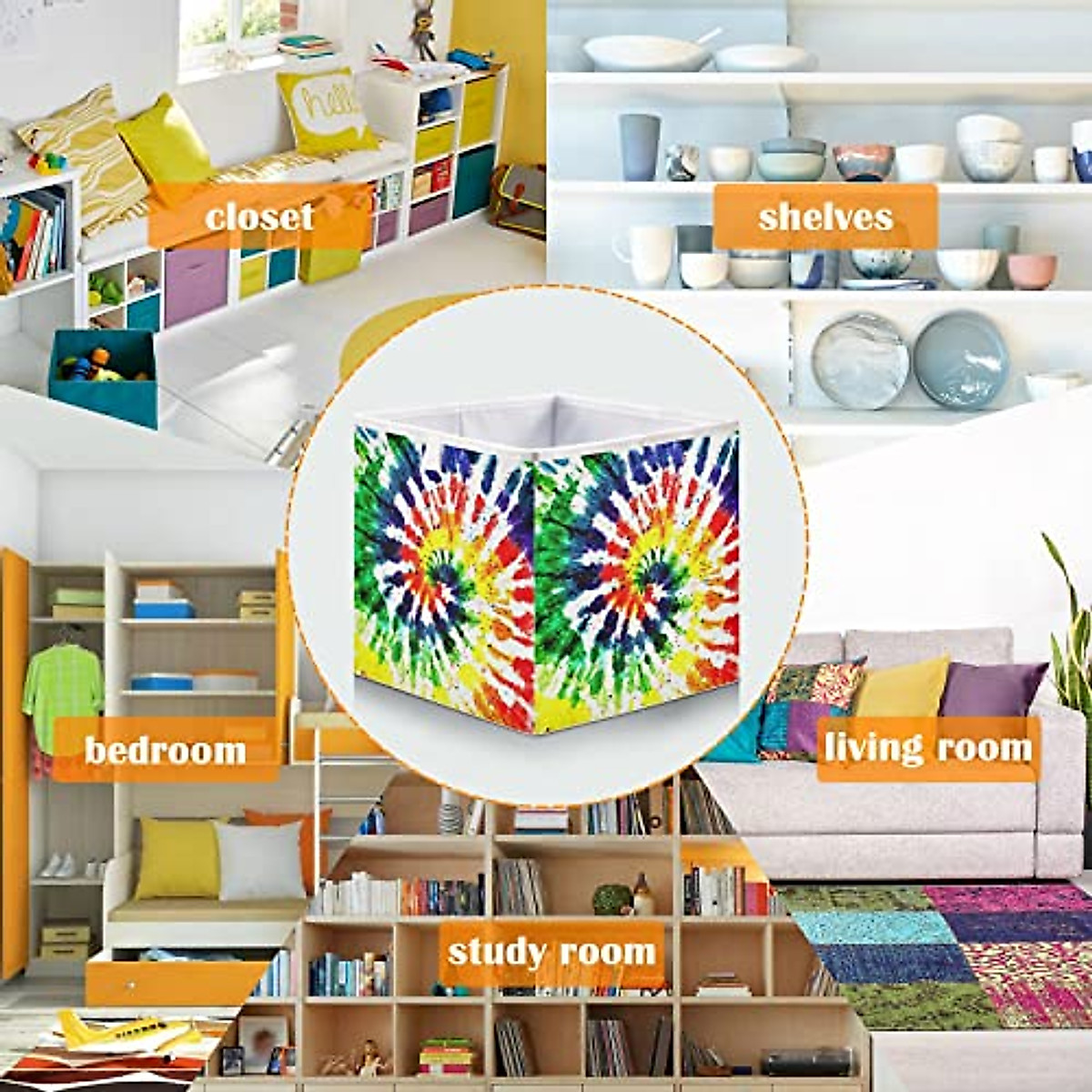 CaTaKu Rainbow Tie Dye Cubes Storage Bins 11 inch Collapsible Fabric Storage Baskets Shelves Organizer Foldable Decorative Bedroom Storage Boxes for Organizing Home