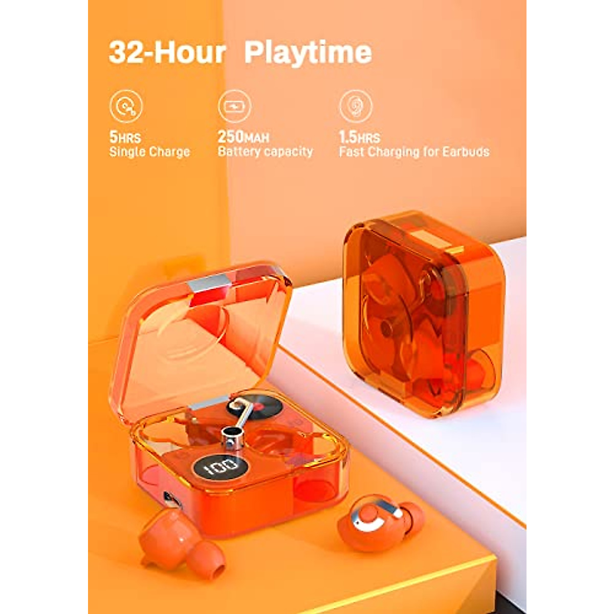 Open Ear Headphones Bluetooth Air Conduction Earphones, 48 Hours Playback with Charging Case, Ear Clips Buds Bluetooth Wreless Earbuds, Open Ear Earbuds for Workout Cycling Running Gym (Orange)