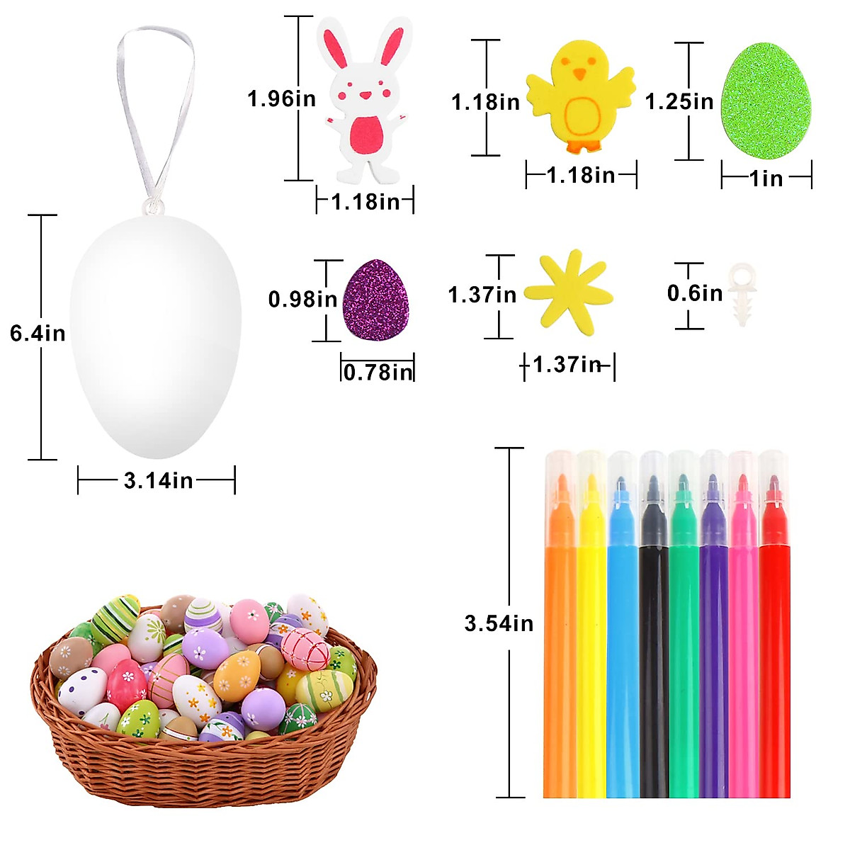 CCINEE Plastic DIY Easter Eggs Set, 30pcs White Egg Ornaments with Rope 8pcs Colored Pens and 80pcs Foam Stickers for Kids Easter Crafts Party Supply
