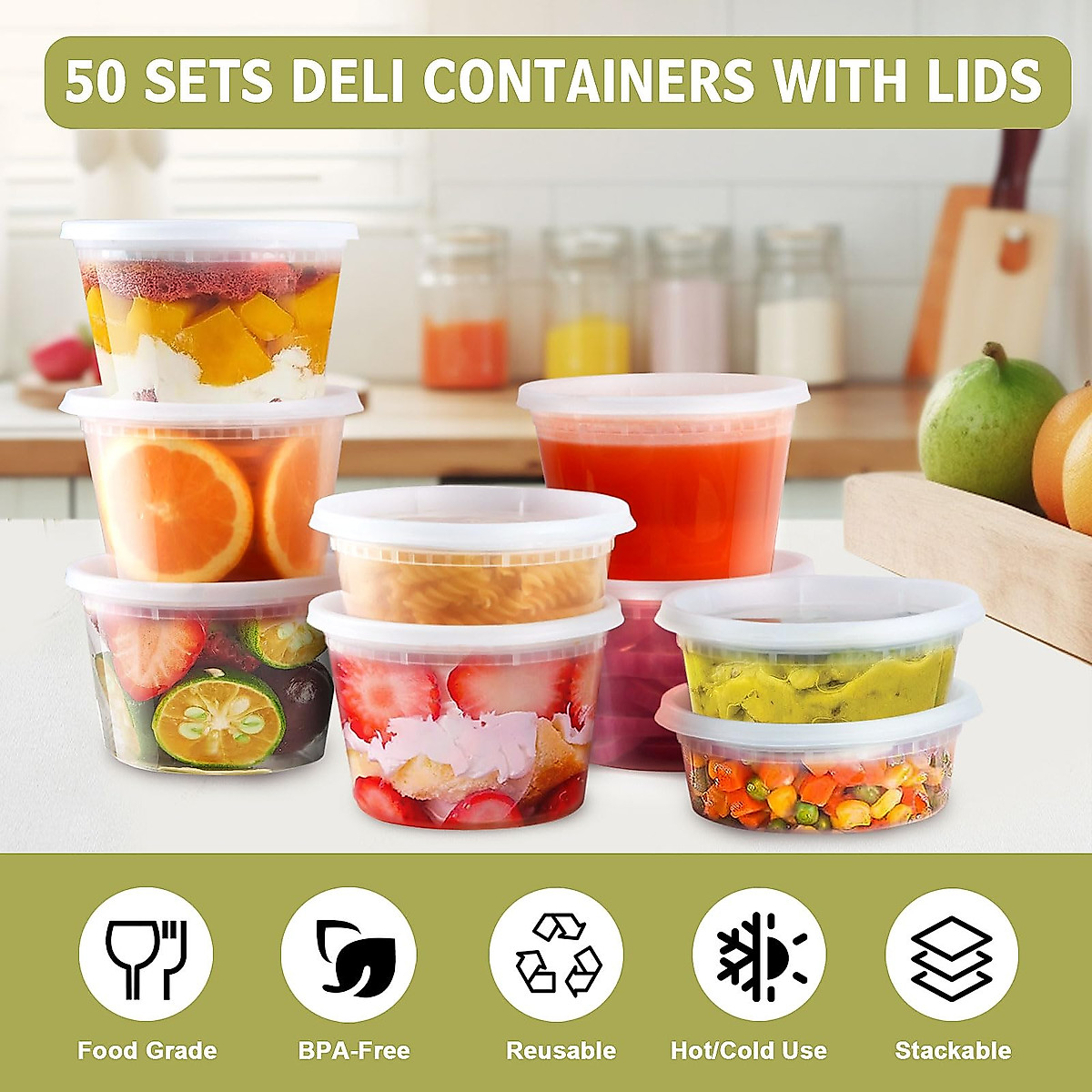 Ezalia Deli Containers with Lids 50 Sets - Plastic Soup Containers 8oz Clear Food Storage Containers with Lids Leakproof, Reusable Take Out for Restaurant, Microwave/Freezer/Dishwasher Safe