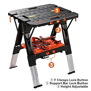 Pony Portable Folding Work Table, 2-in-1 as Sawhorse & Workbench, 31” W×25” D×25”-35”H, Large Load Capacity with 4pcs Clamps, 4pcs Bench Dogs