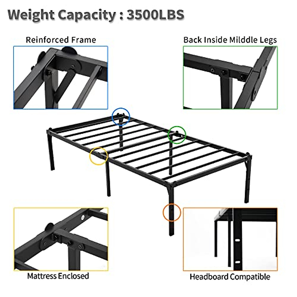 Veezyo Metal Bed Frame King - 18 Inch Black Metal Platform Bed Frame, Easy Assembly with Large Storage Space, 3,500lbs Heavy Duty, No Box Spring Needed (King)