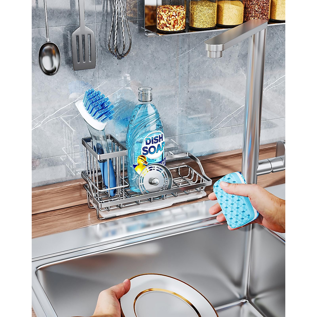 Sink Caddy, Consumest Kitchen Sponge Holder + Dish Brush Holder for Kitchen Sink, Sink Organizer with Drip Tray for Countertop, Stainless Steel Rustproof - Silver