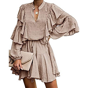 MITILLY Women's Elegant Long Sleeve Dresses V Neck High Waist Ruffle Loose Flowy Party Mini Dress with Belt Large Khaki