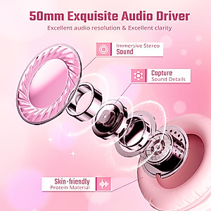 Pink Gaming Headset Noise-Canceling Mic with Stereo Surround，Wired Over-Ear Headphones with Retractable and Flexible Mic&Memory Foam Ear Pads,Removable Cat Ears，for Xbox Series, PS5, PS4, PC, Mobile.