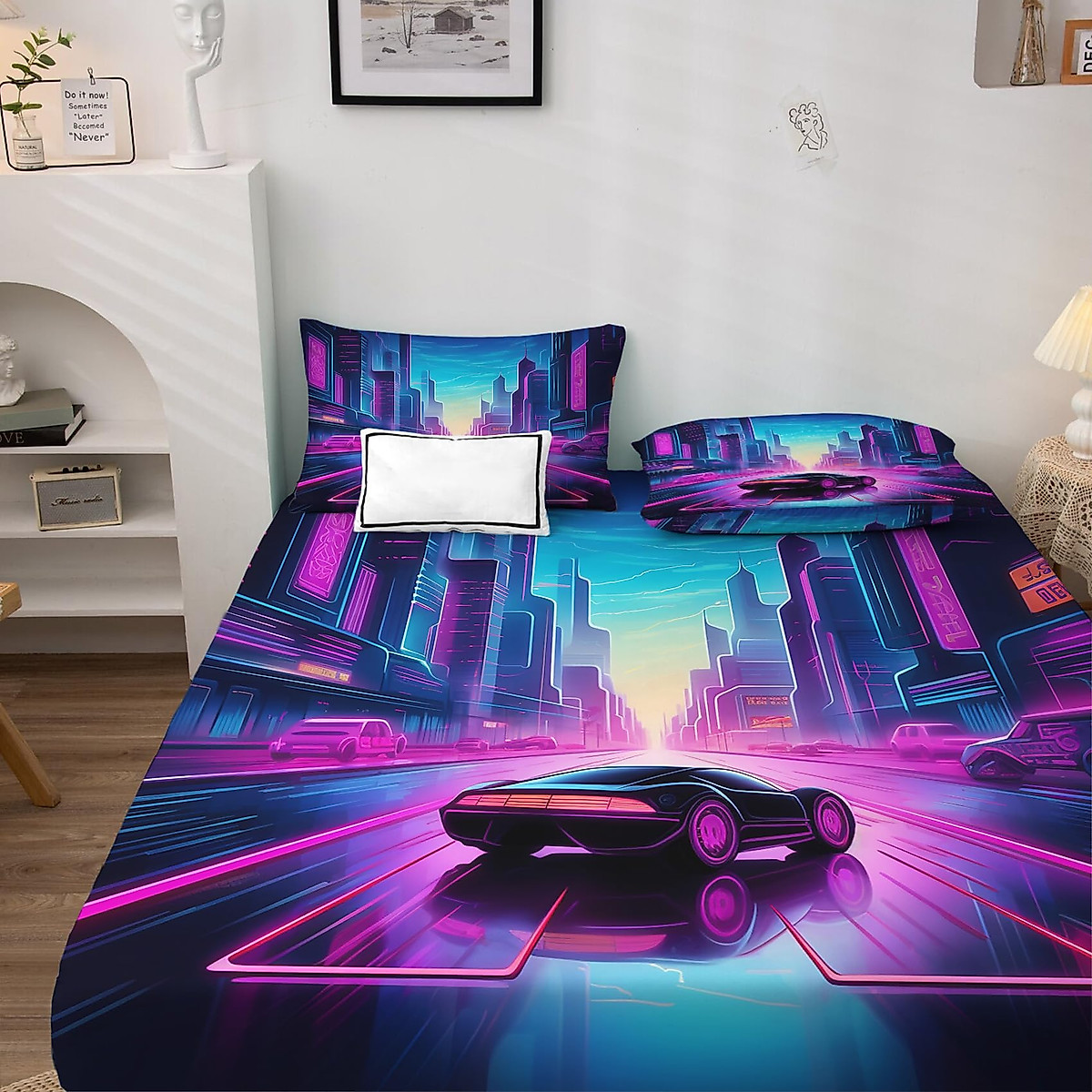 Race Car Sheets Full Size, Cityscape Bed Sheets, Patterned Bedding Sheets & Pillowcases 4 Piece Set - Soft Microfiber Deep Pocket Fitted Sheet & Flat Sheet & 2 Pillow Cases K1-&-119