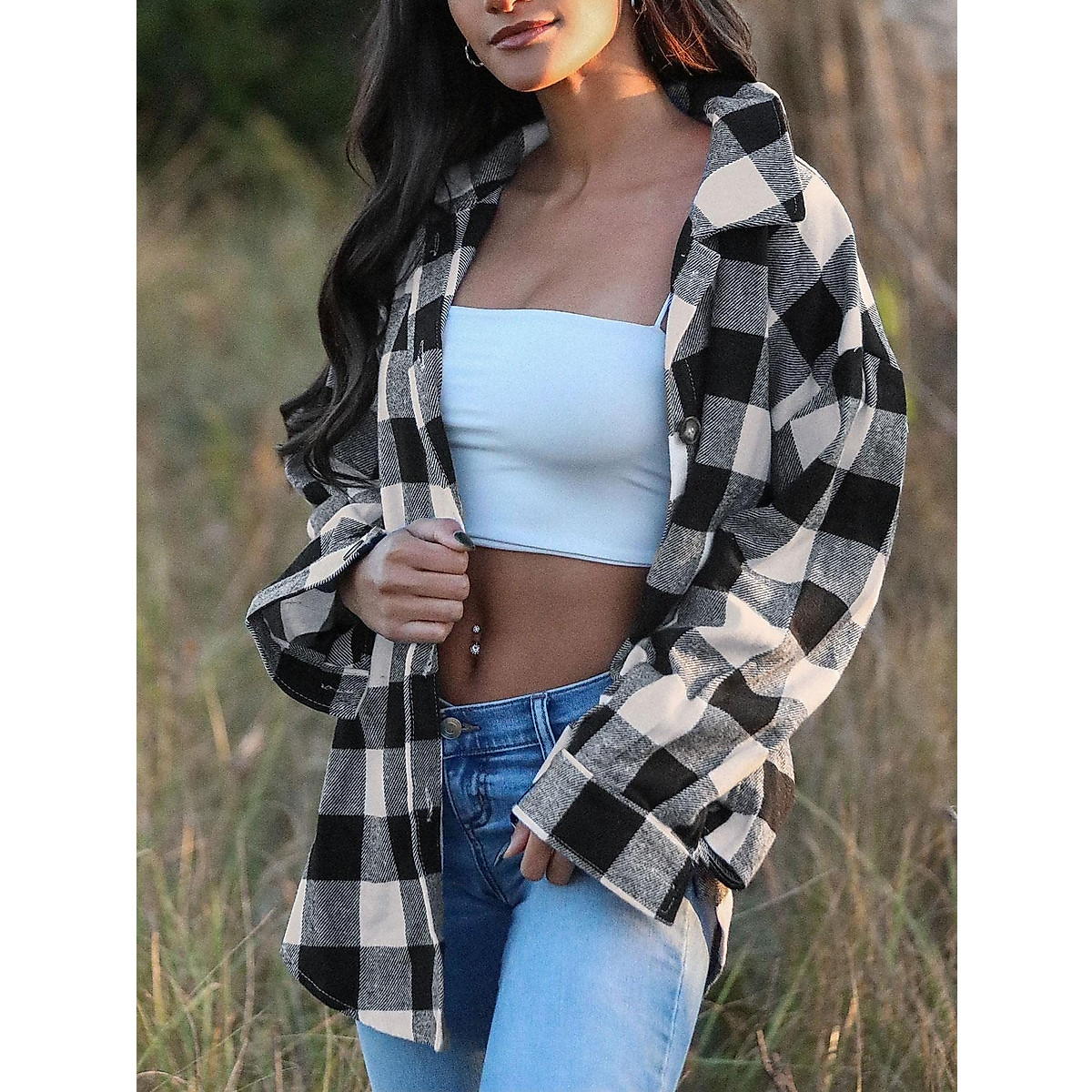 ZAFUL Women's Plaid Long Sleeve Shirt Button Down Wool Blend Thin Jacket Casual Blouse Tops with Pocket Black and White