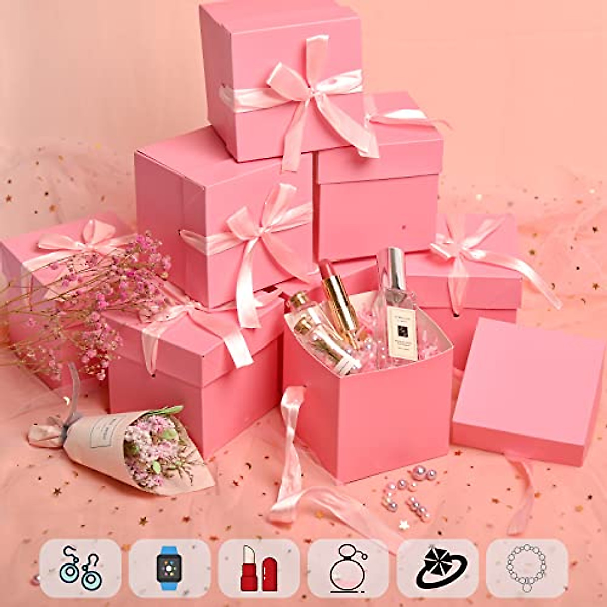 GP SUP 6”×6”×6”Pink Gift Boxes with Lids,12 Pcs Beautiful Squared Boxes with Ribbon Perfect for Weddings,Christmas, Birthday,Valentines Day