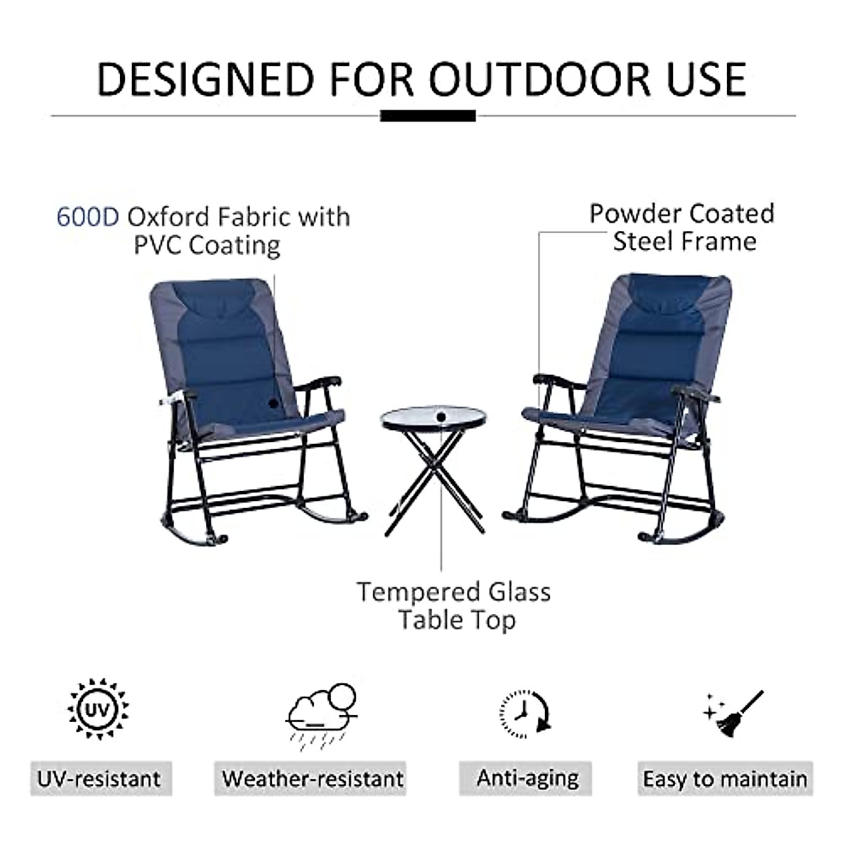 Outsunny 3 Piece Outdoor Patio Furniture Set with Glass Coffee Table & 2 Folding Padded Rocking Chairs, Bistro Style for Porch, Camping, Balcony, Blue